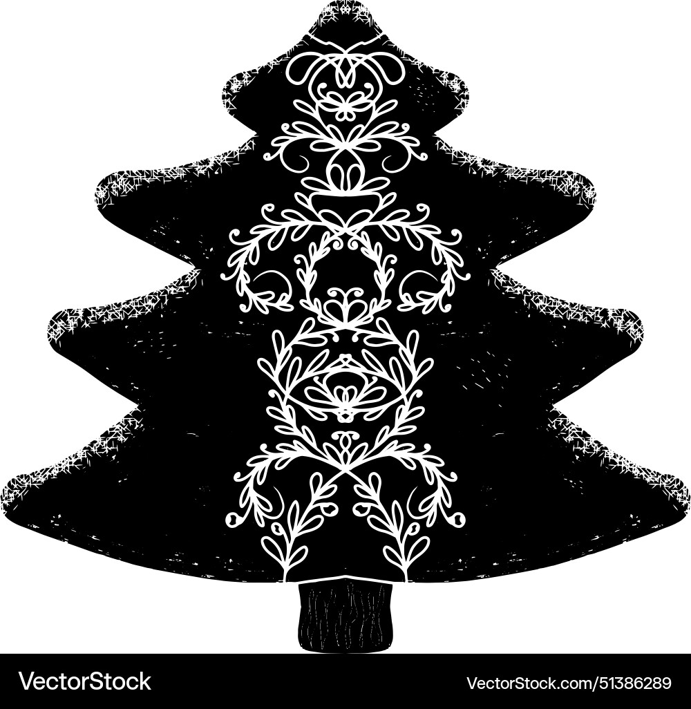 Christmas tree with floral pattern in linocut Vector Image