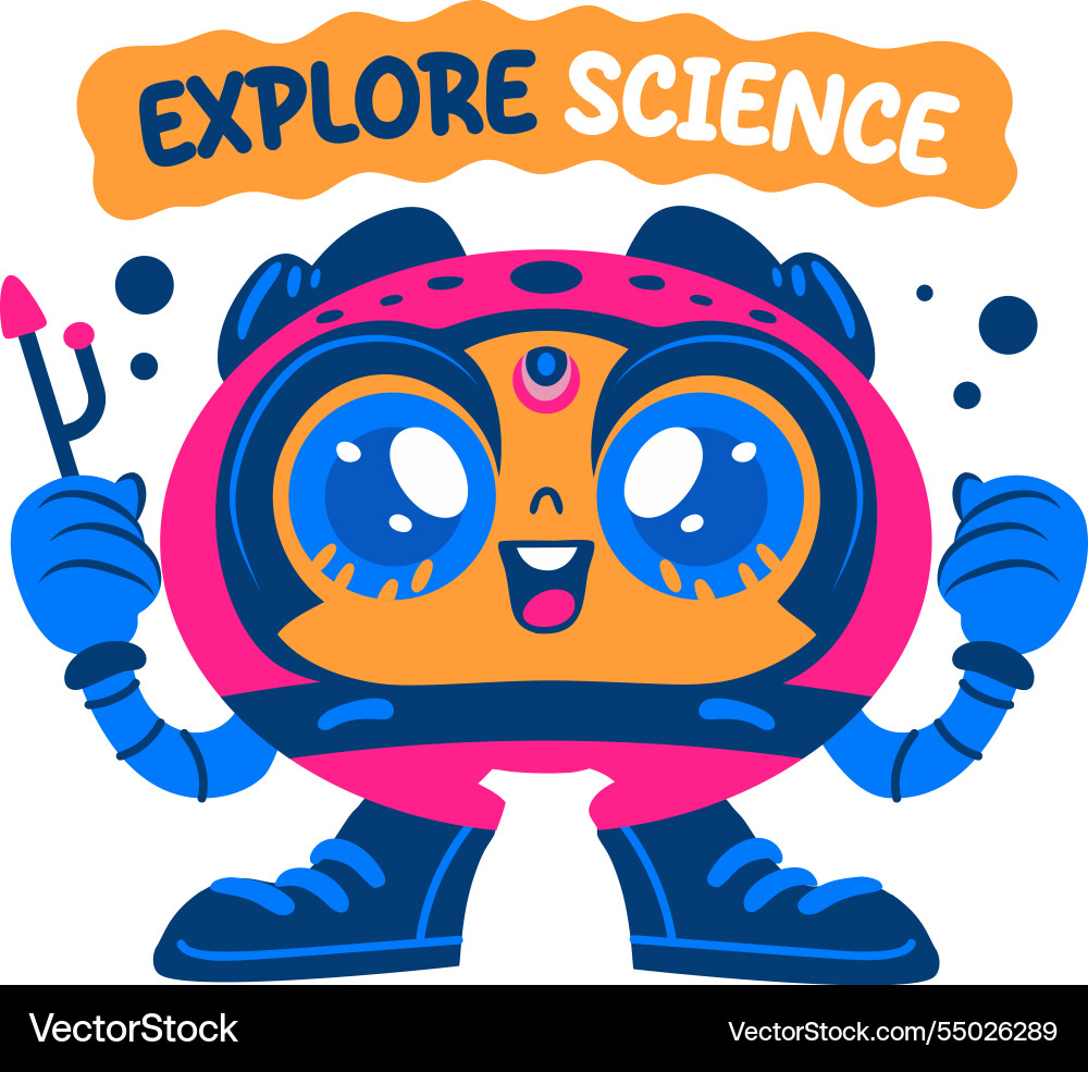 Cute robot character with explore science text fl Vector Image