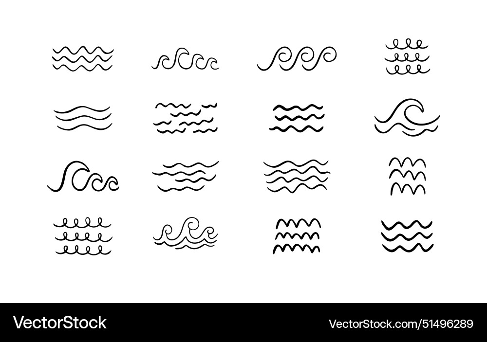 Doodle sea wave icons hand drawn storm Royalty Free Vector