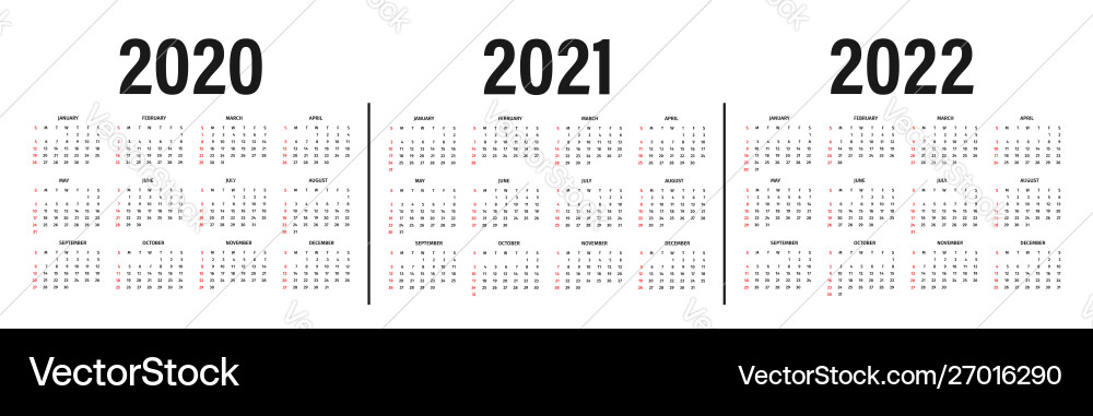 Calendar 2020 2021 and 2022 template Royalty Free Vector