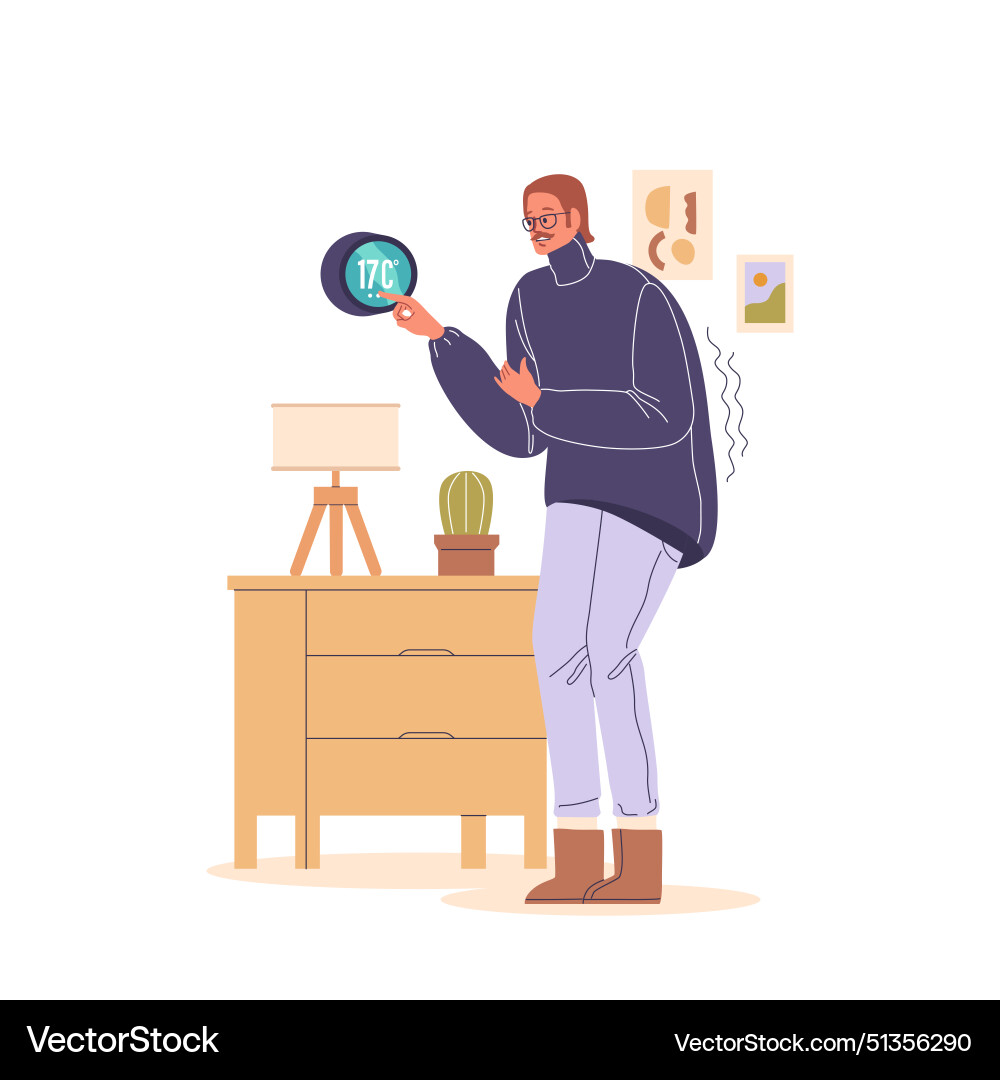 Freezing man in a thick sweater and winter boots Vector Image