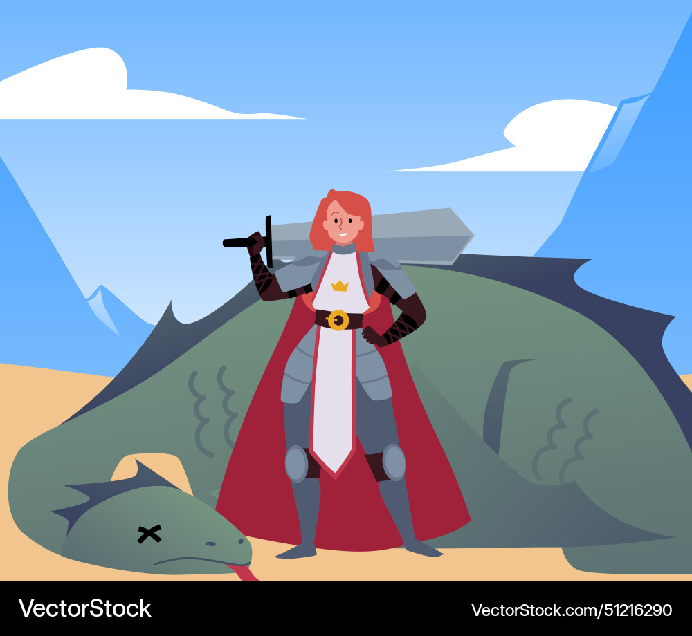 Woman warrior defeating dragon flat Royalty Free Vector