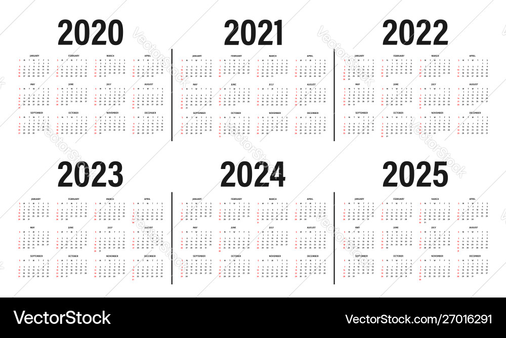 2020-2025 Yearly Calendar Template – Royalty-Free Vector | VectorStock