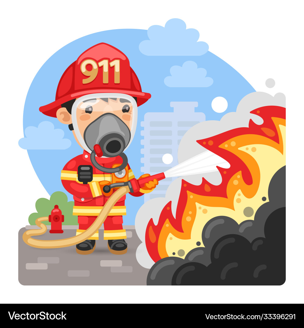 Cartoon firefighter extinguishes a fire Royalty Free Vector