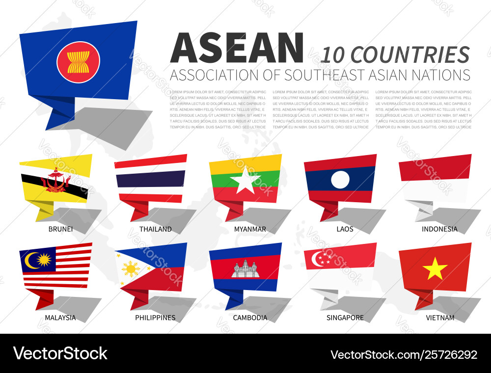 ASEAN Flags on Southeast Asia Map Royalty Free Vector Image