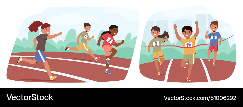 Children characters dash across the stadium track Vector Image