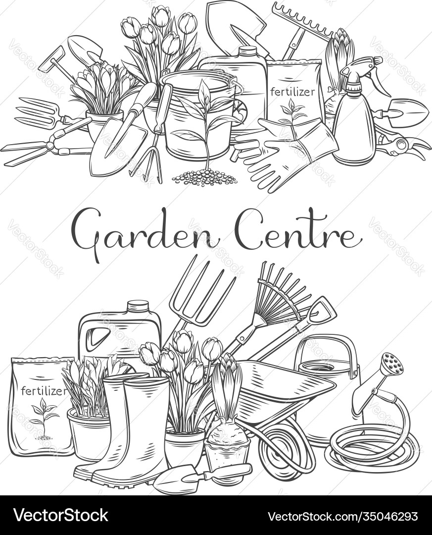 Gardening tools outline hand drawn Royalty Free Vector Image