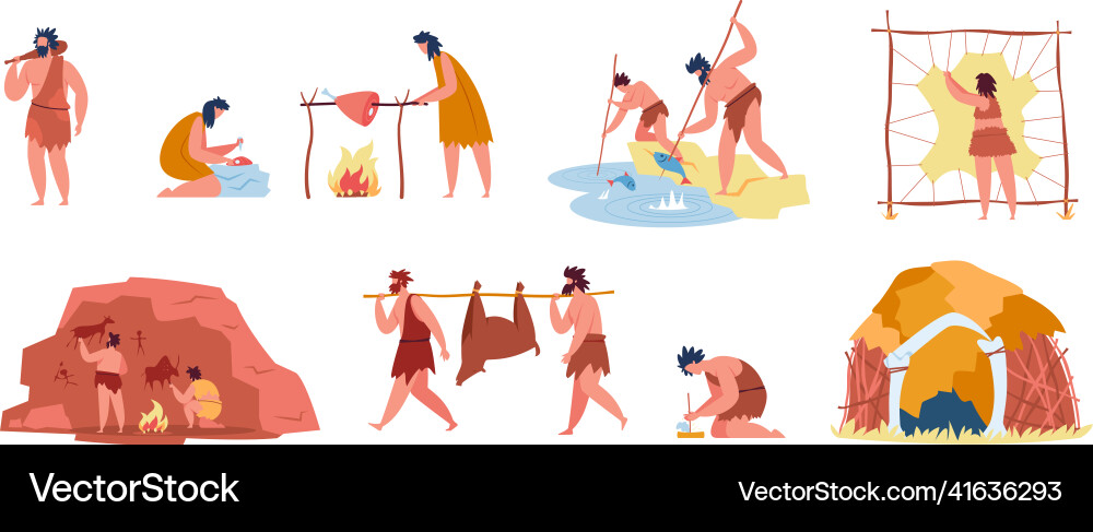 Prehistoric people with stone age tools cavemen Vector Image