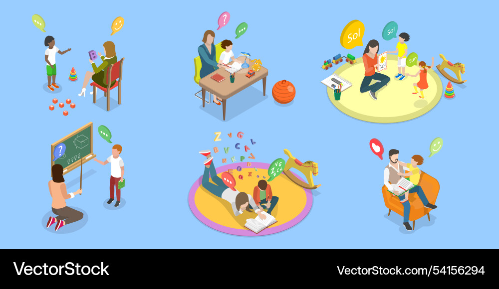 3d isometric flat set of parents learning Vector Image
