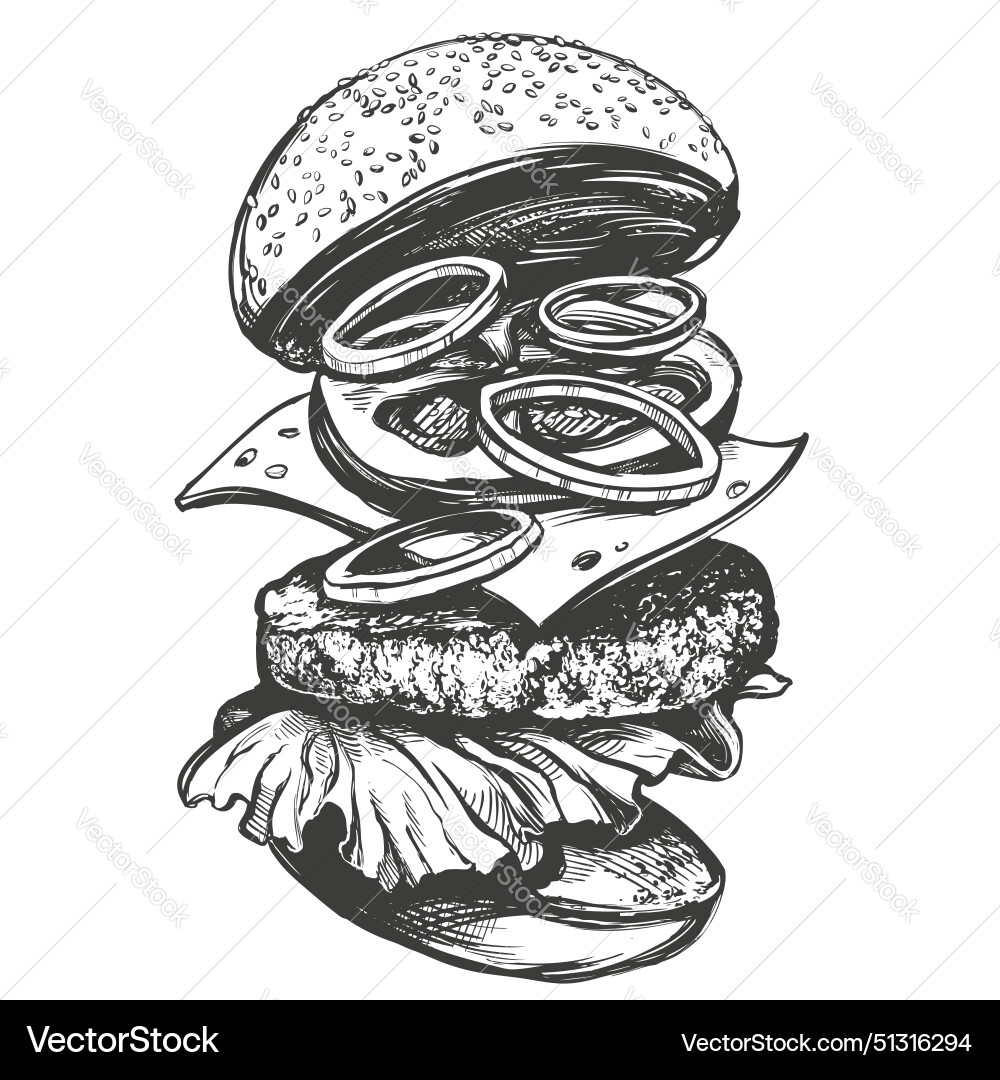 Big burger hamburger hand drawn Royalty Free Vector Image