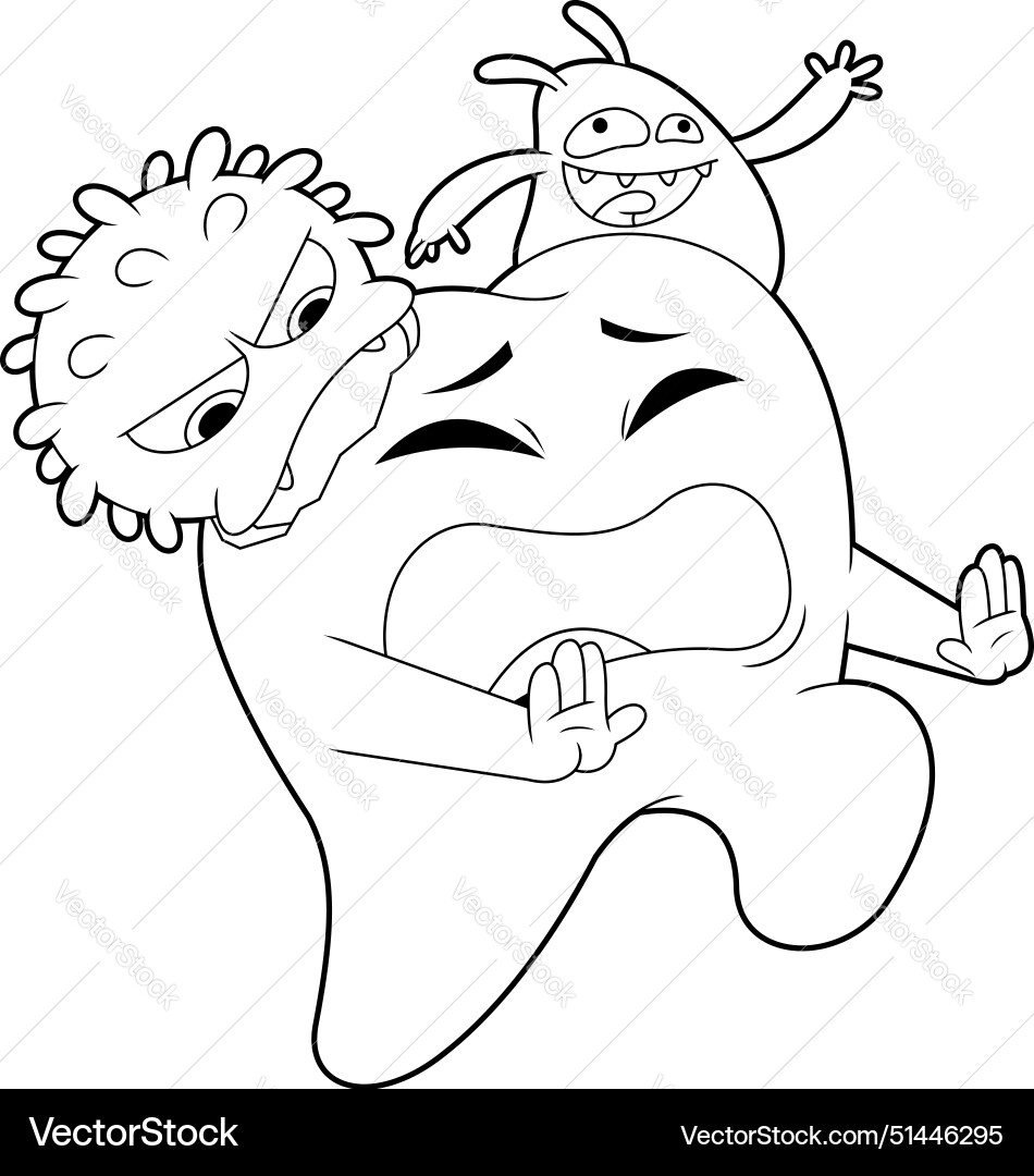 Outlined tooth cartoon character attacked by germs