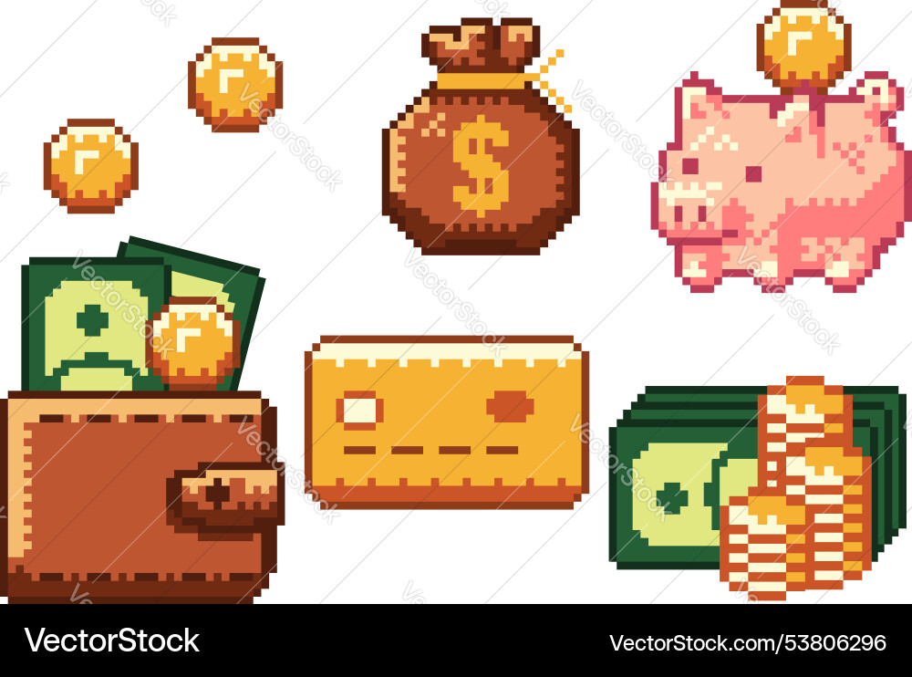 Pixel money icon set Royalty Free Vector Image