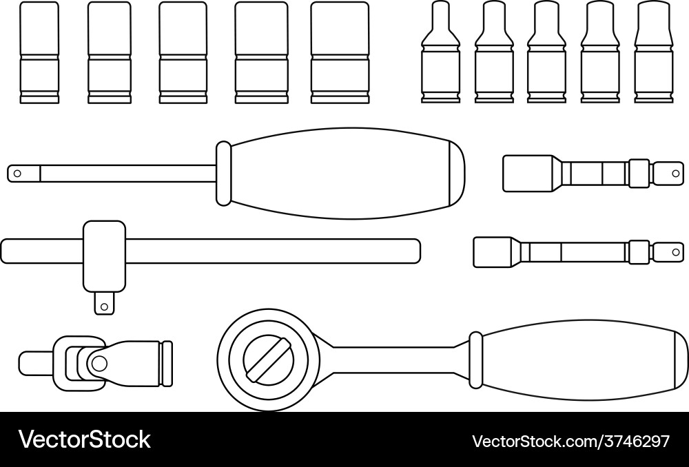 Ratchet and socket icon set contour Royalty Free Vector