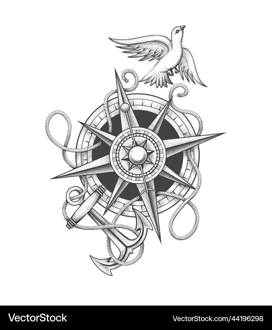 Dove flying above compass and anchor with ropes Vector Image
