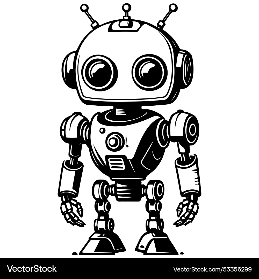 Realistic cartoon robot monochrome hand drawn Vector Image