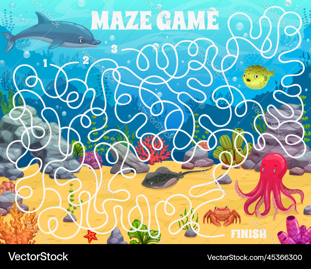 Labyrinth maze underwater landscape and animals Vector Image