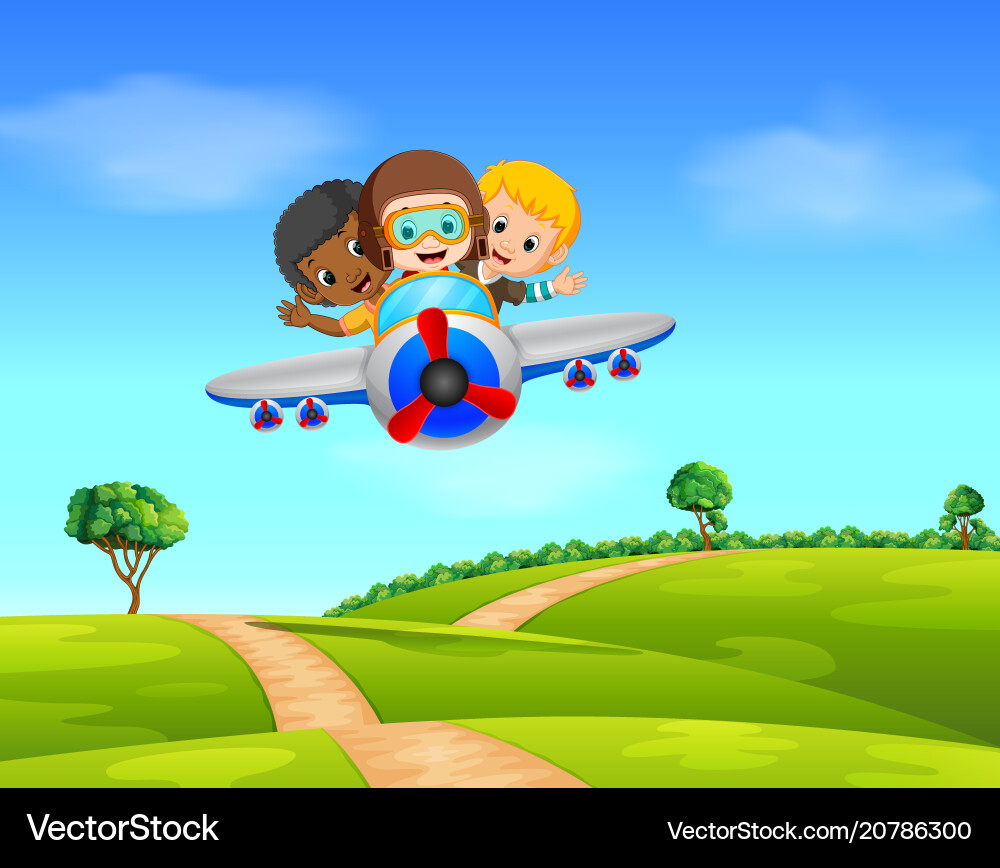Three boy flying a plane Royalty Free Vector Image