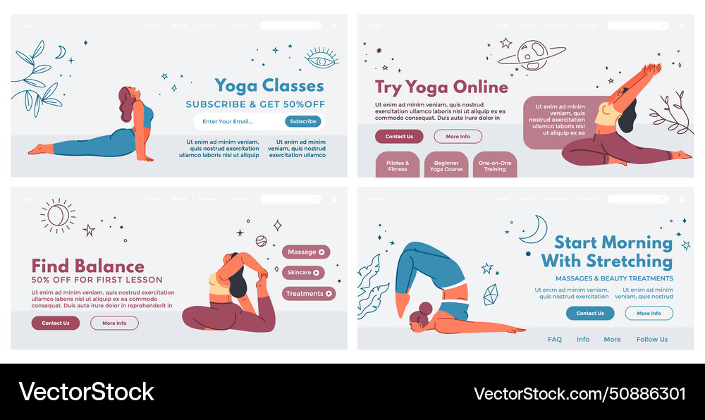 Landing page design set with yoga class promo Vector Image