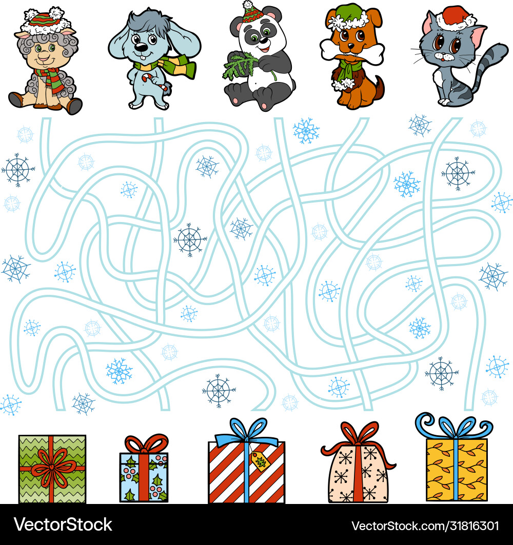 Maze game animals and christmas gifts Royalty Free Vector