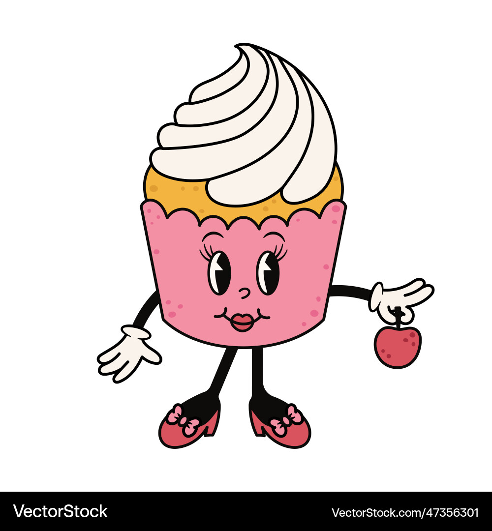 Retro groovy cupcake character with cherry Vector Image