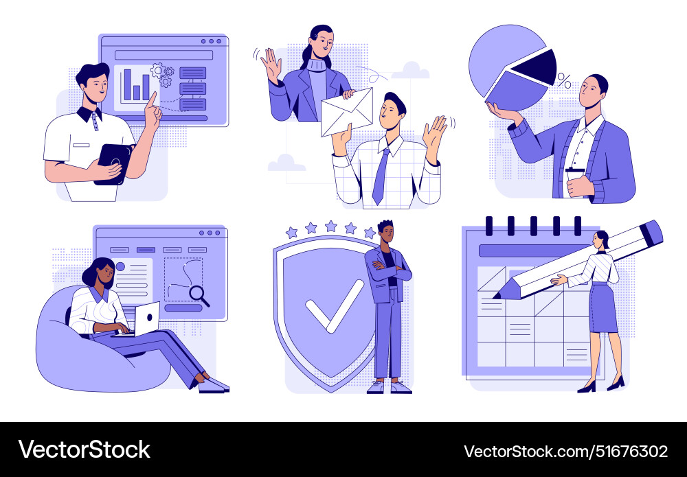 Set of business activity scenes people Royalty Free Vector
