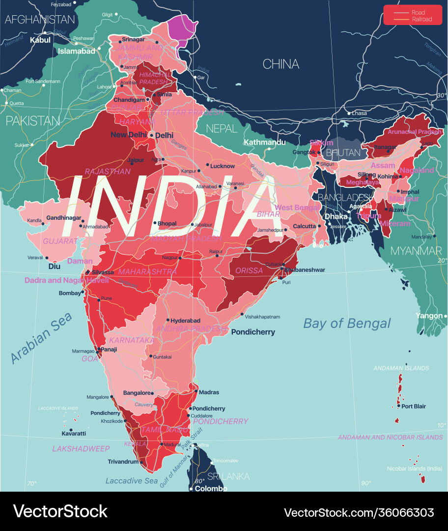 India country detailed editable map Royalty Free Vector