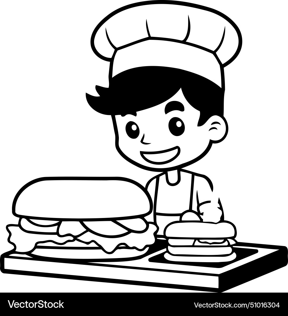 Cartoon boy chef with hamburger in style Vector Image