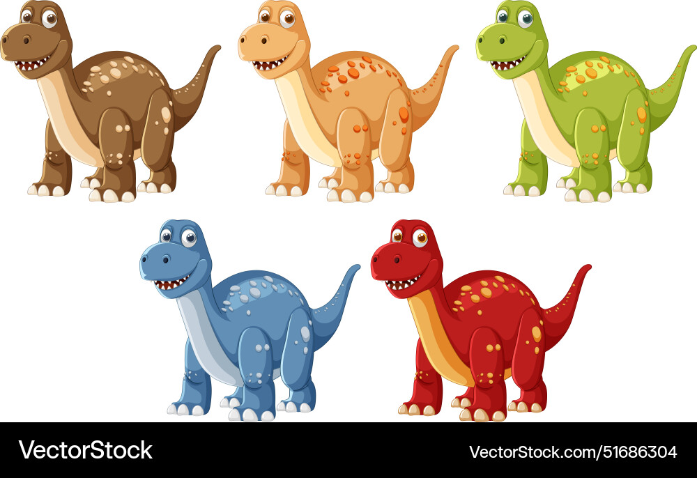 Five cute dinosaurs in different colors Royalty Free Vector