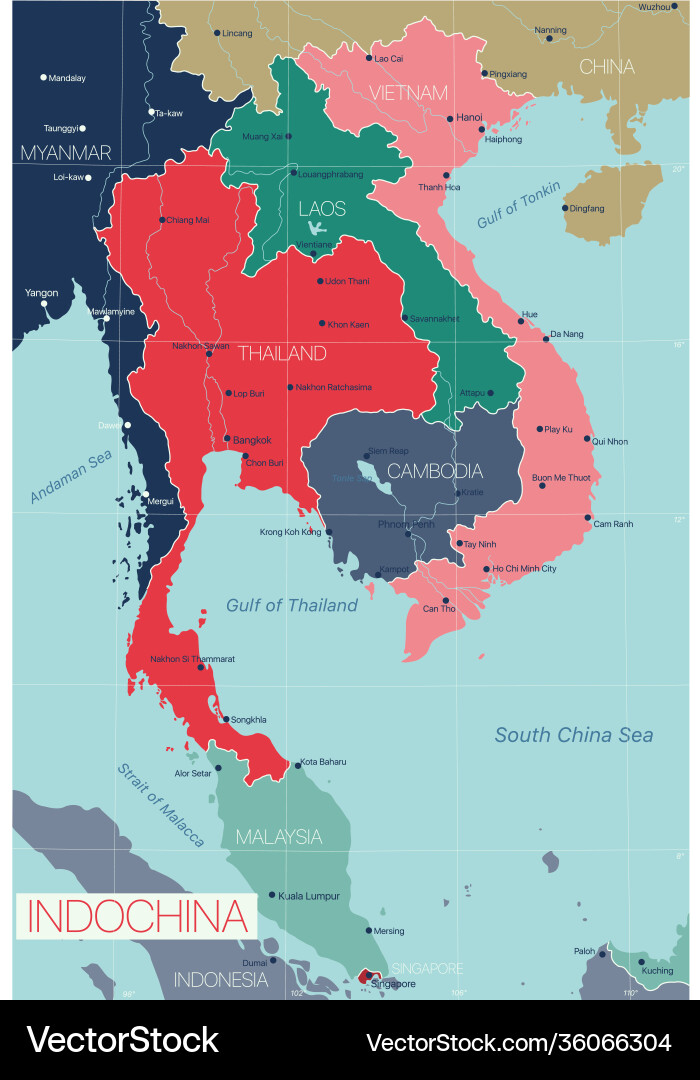 Indochina detailed editable map Royalty Free Vector Image