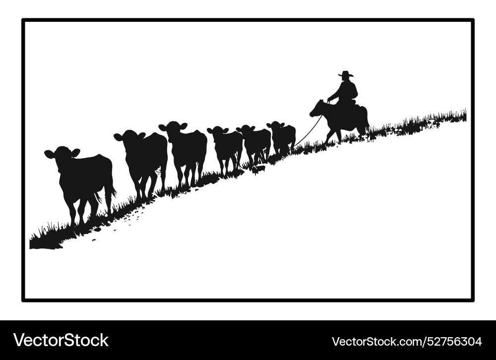 Silhouette of cattle drive at sunset Royalty Free Vector