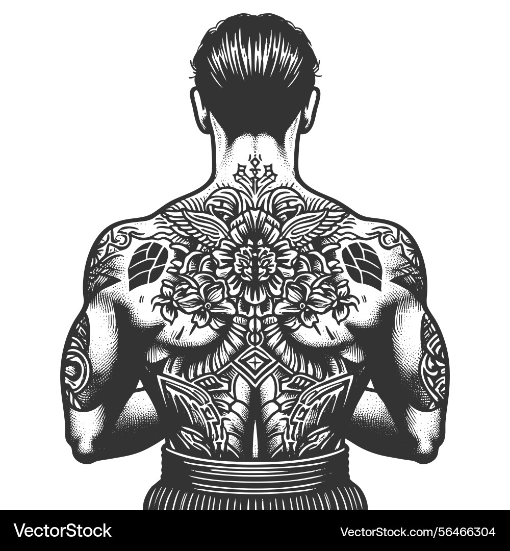 Yakuza warrior with full back tattoo Royalty Free Vector