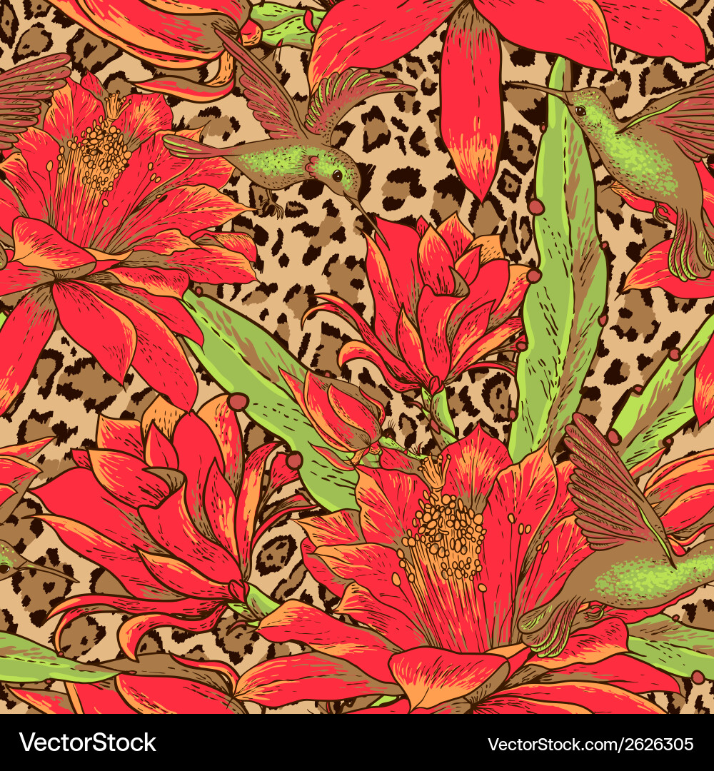 Seamless floral pattern on leopard background Vector Image
