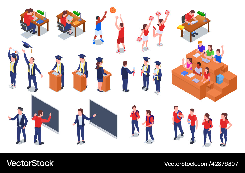 College isometric set Royalty Free Vector Image