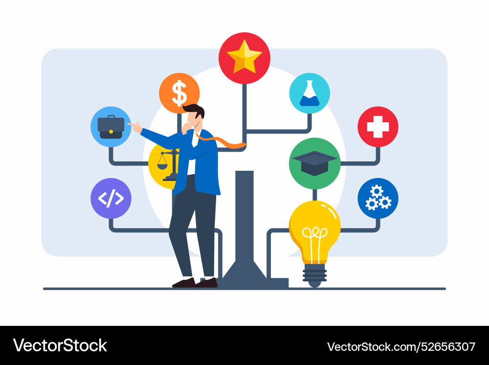 Flat of businessman examining decision tree Vector Image