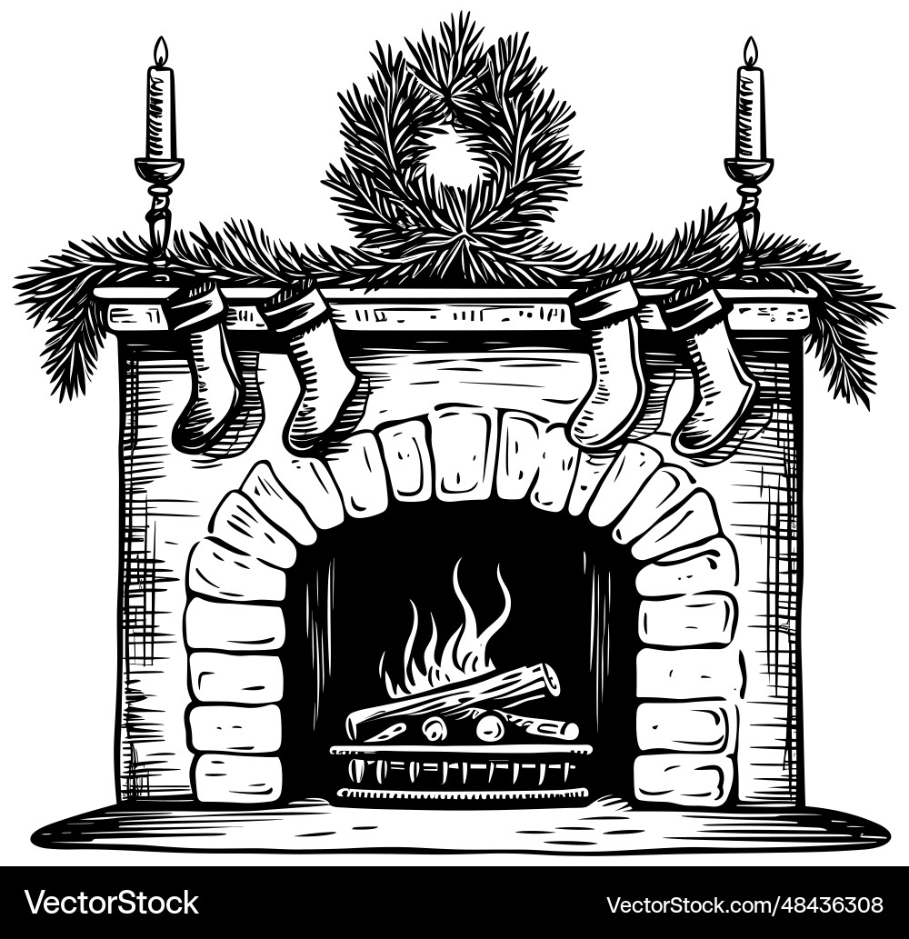 Christmas fireplace woodcut Royalty Free Vector Image