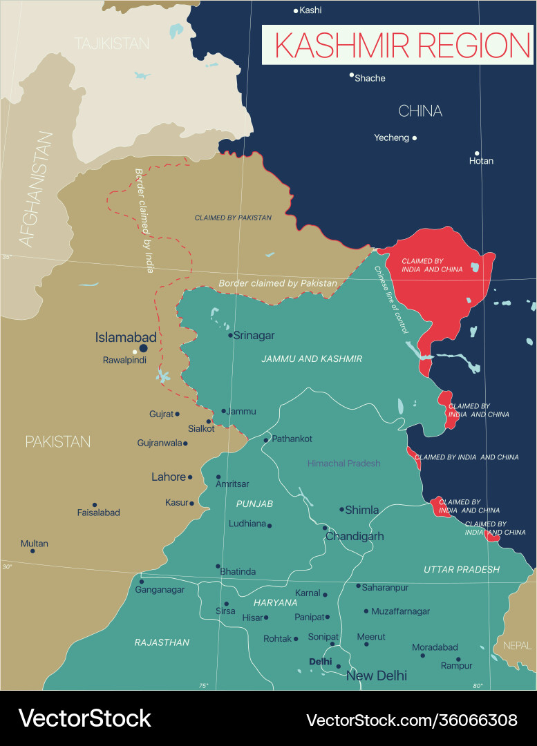 Kashmir region detailed editable map Royalty Free Vector