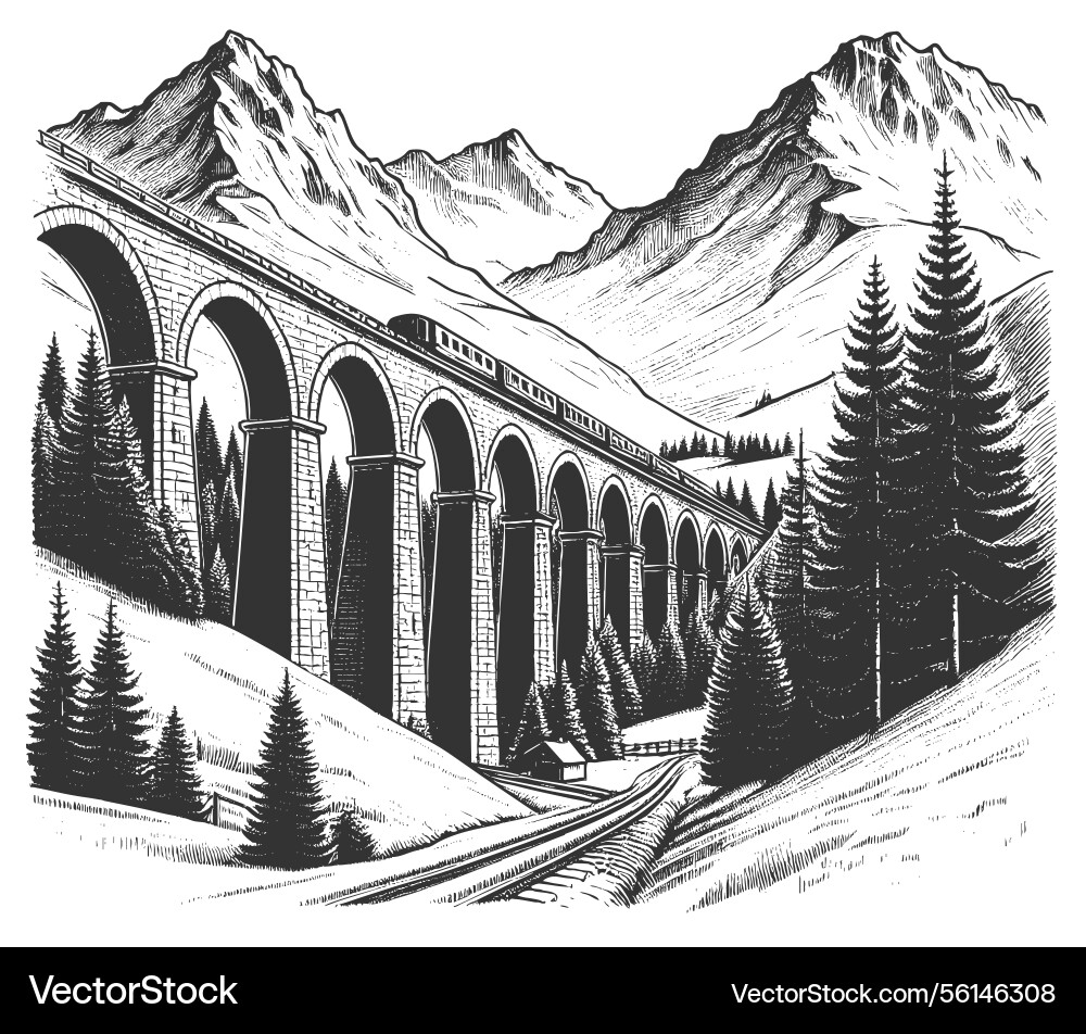 Mountain railway viaduct engraving Royalty Free Vector Image