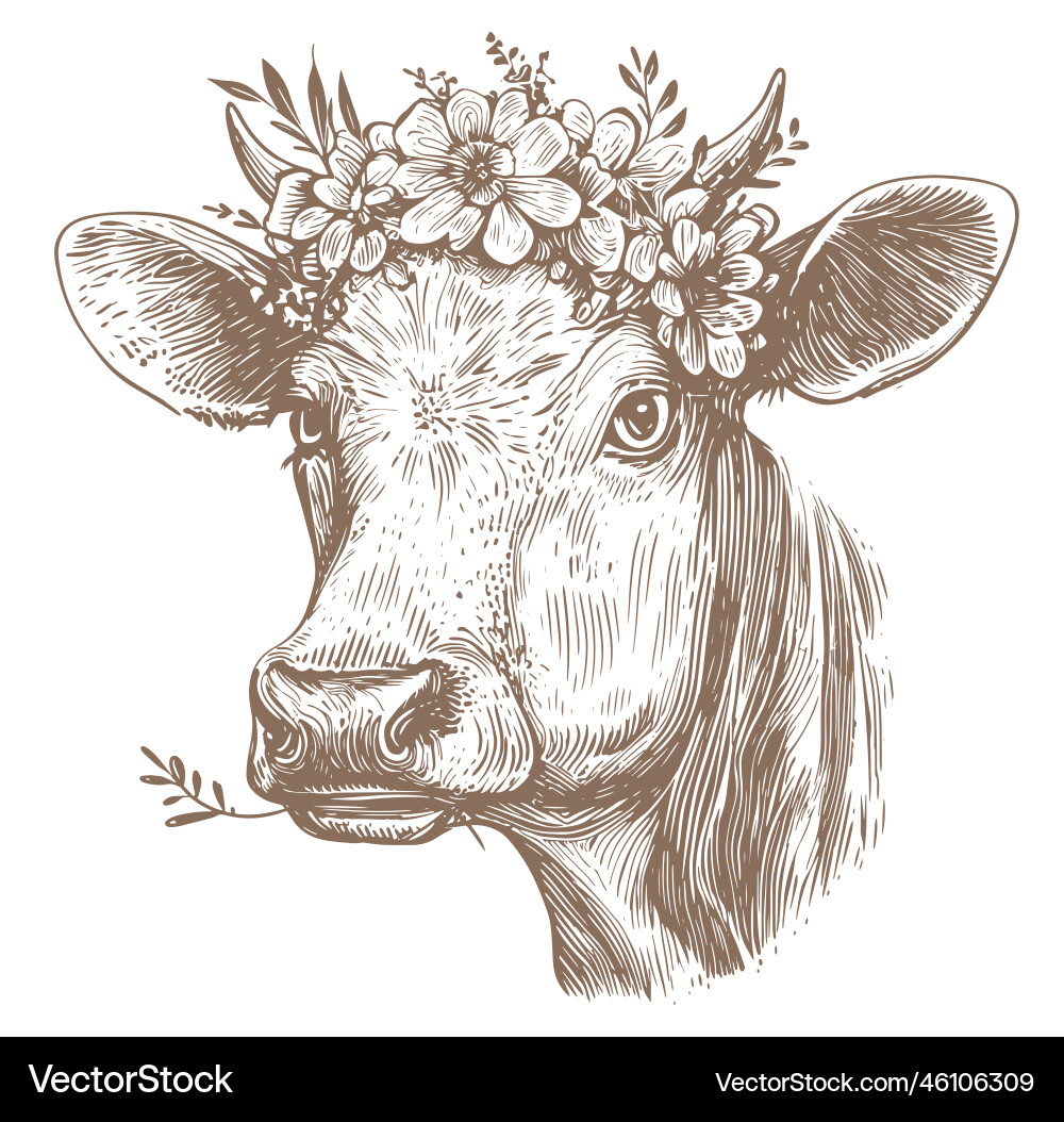 Floral Wreath Cow Portrait Royalty Free Vector Image