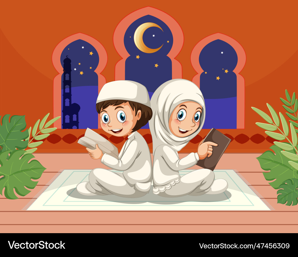 Muslim couple praying cartoon character Royalty Free Vector