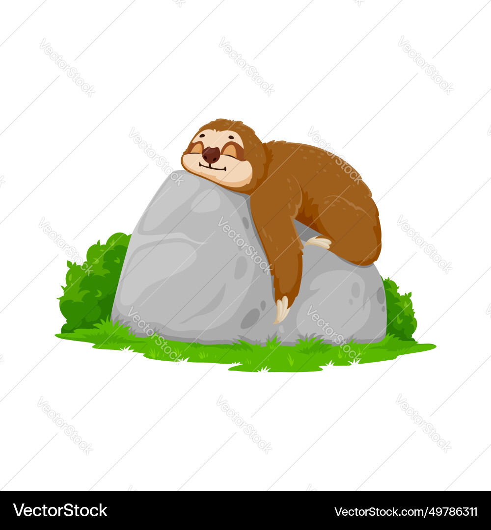 Cartoon funny sloth character resting on stone Vector Image