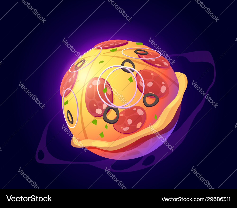 Cartoon pizza planet in outer space Royalty Free Vector