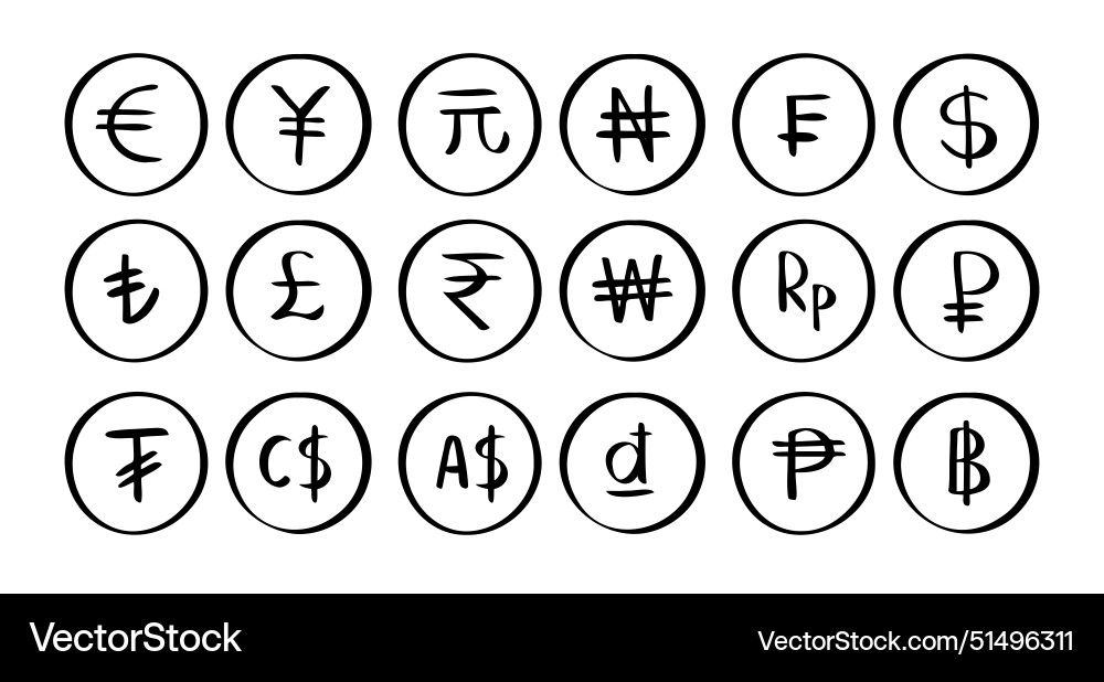 Hand drawn doodle set currency symbol currencies Vector Image