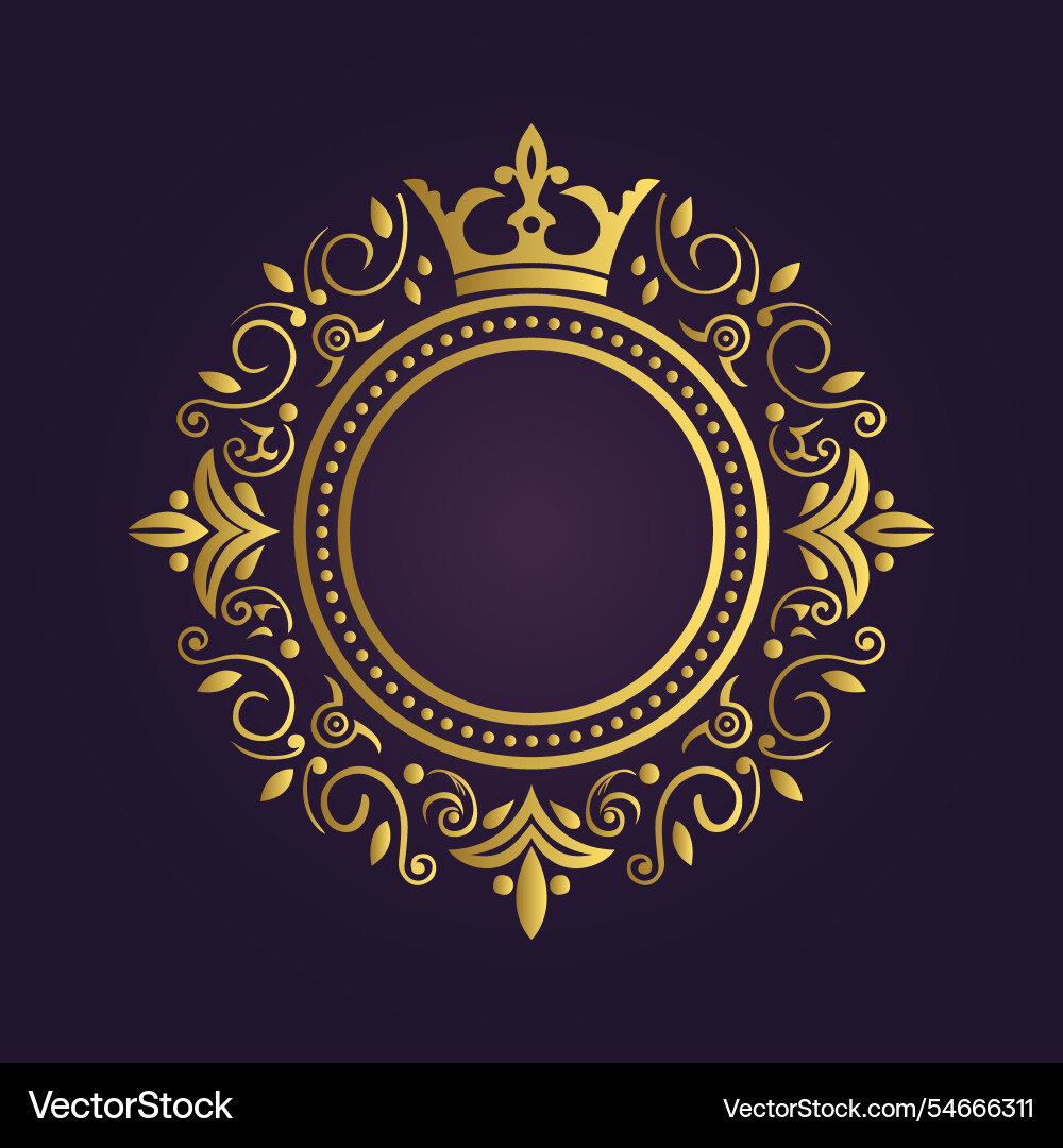 Ornate circular emblem with golden crown Vector Image