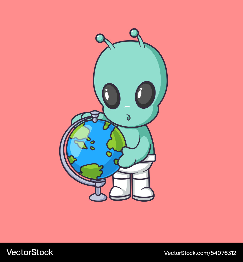 Cute alien looking and observing globe cartoon Vector Image