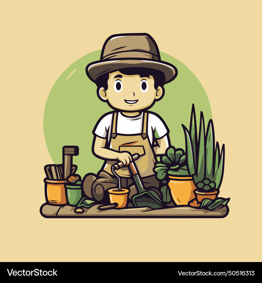 Cartoon gardener with tools and plants Royalty Free Vector