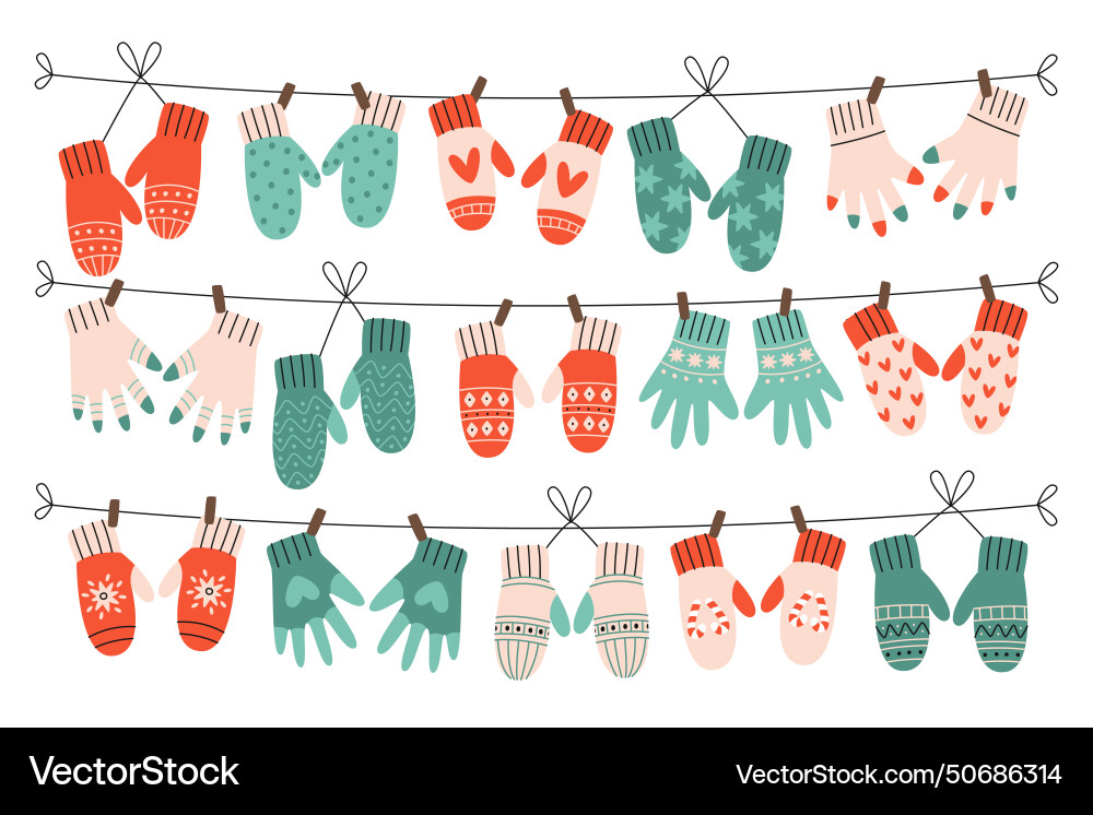 Different knitted colorful warm mittens winter Vector Image