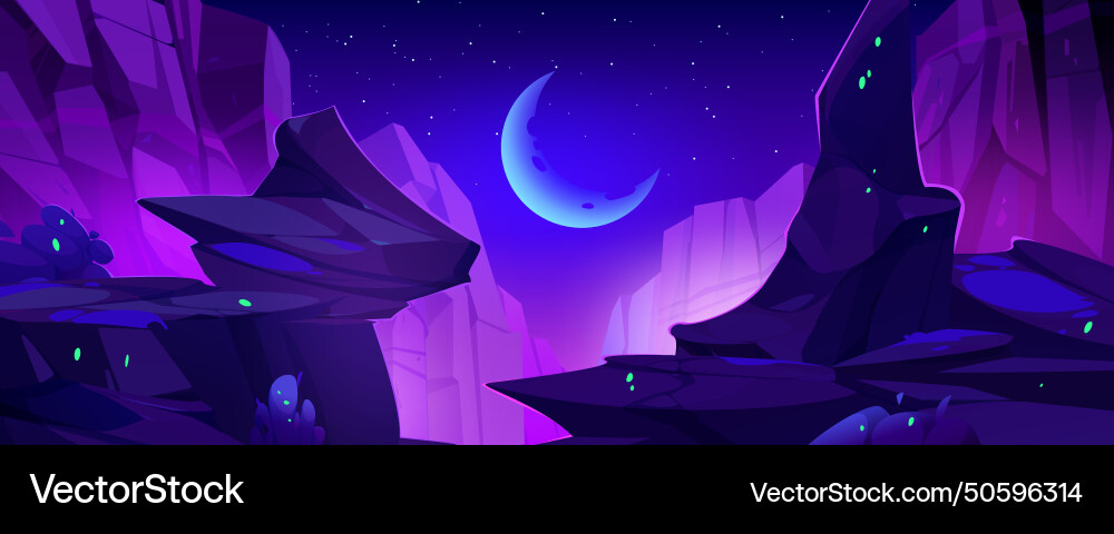 Night landscape with rocky cliff edges over chasm Vector Image
