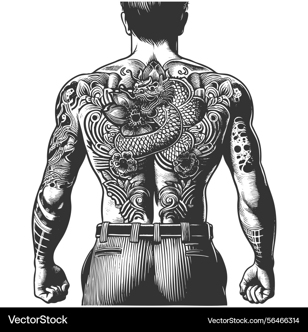 Yakuza warrior with full back tattoo Royalty Free Vector