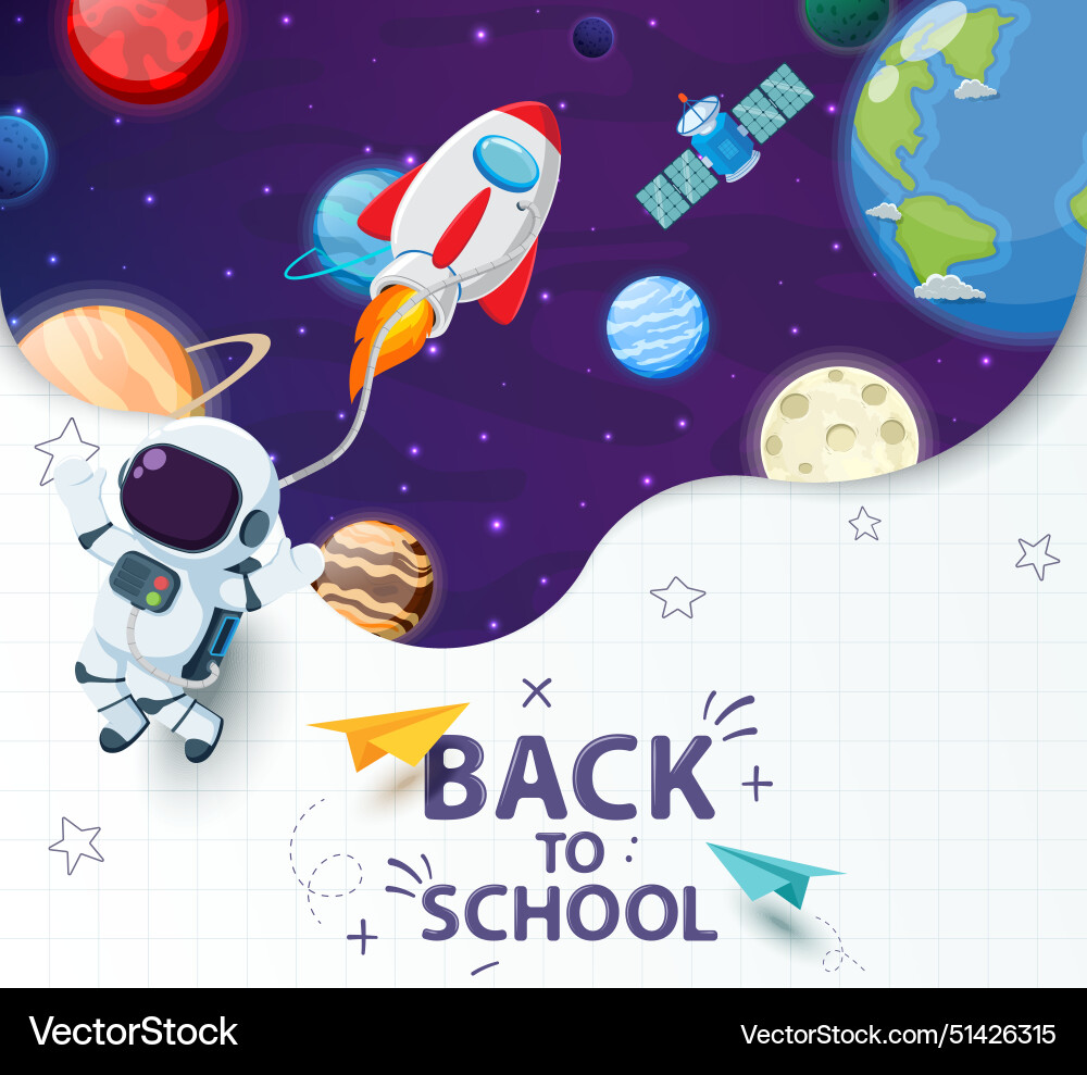 Back to school notebook banner with cartoon galaxy