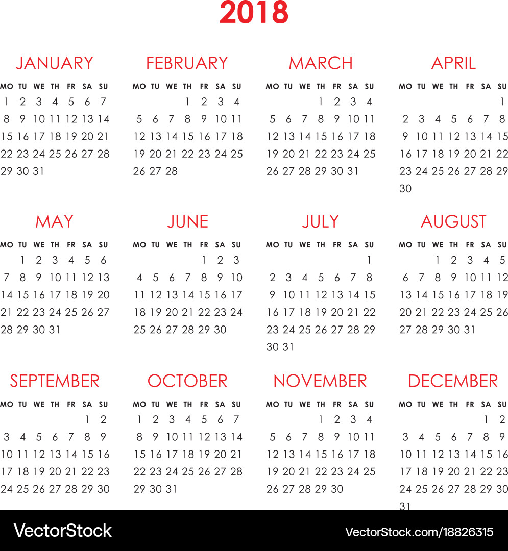 Calendar for 2018 year Royalty Free Vector Image